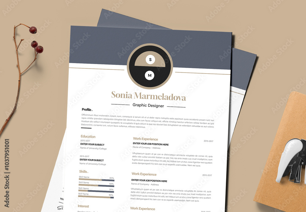 Resume Layout With Blue And Gold Header Stock Template | Adobe Stock