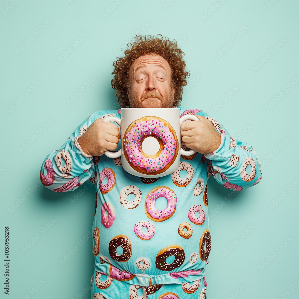fat man in comical pajamas snoozes peacefully while clutching a ...