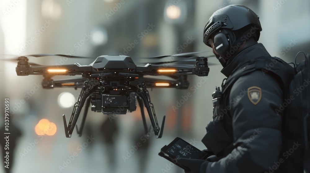 Modern law enforcement concept with a police officer piloting a drone ...