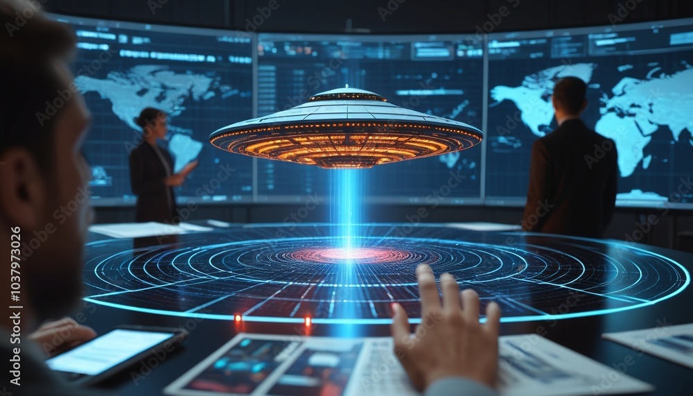 A focused shot of a holographic display illustrating UFO sightings ...