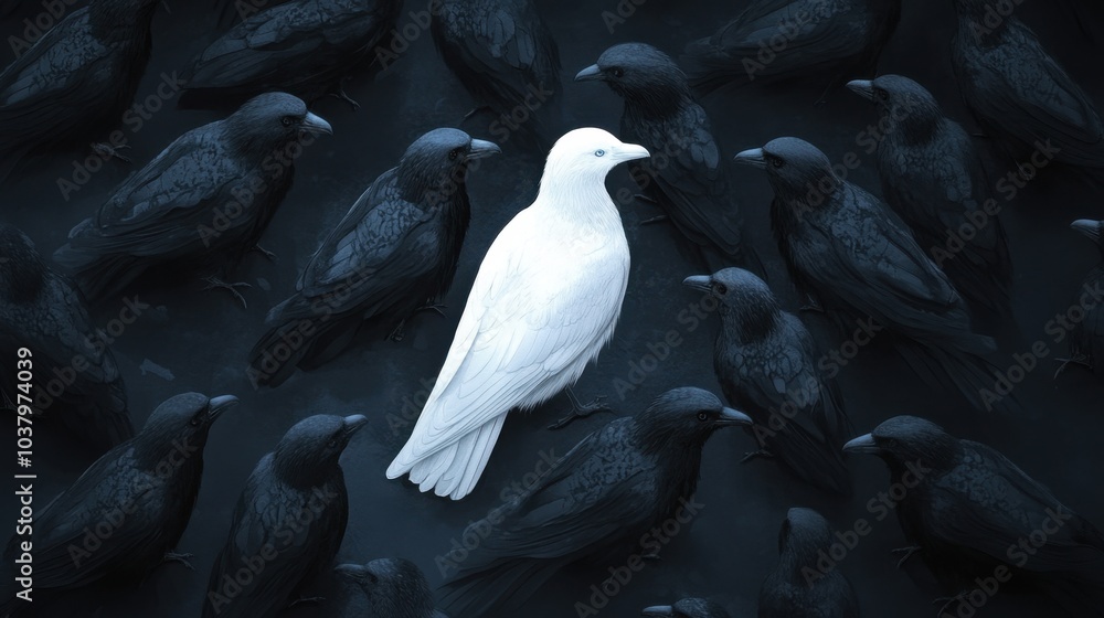 The white crow among black crows concept, depicting an outsider or ...