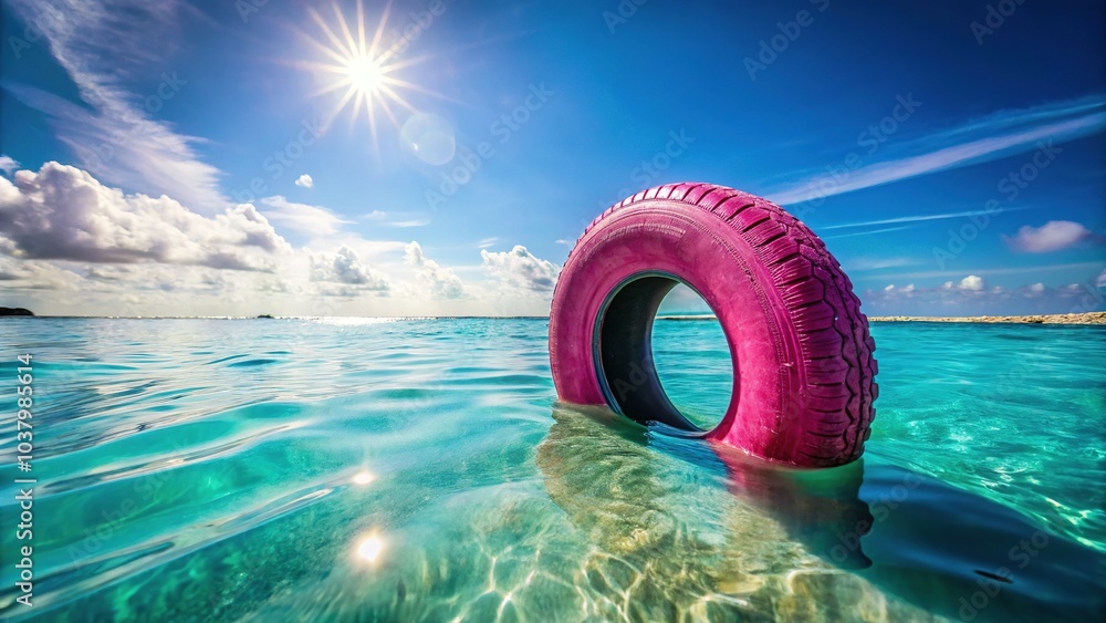 Sharp focus captures a pink tire's lonely journey across the endless ...