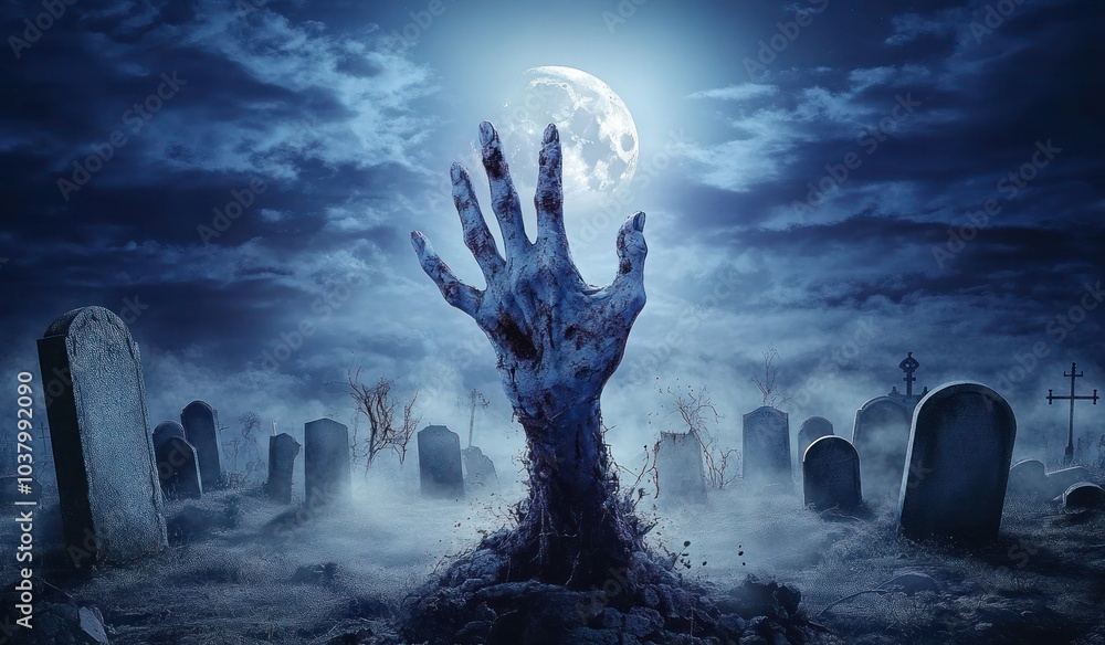Zombie Hand Emerging from Grave in Mysterious Cemetery at Night with ...
