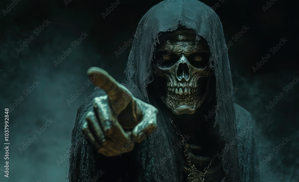 Dark Grim Reaper Pointing Finger at Viewer in Misty Horror Atmosphere ...