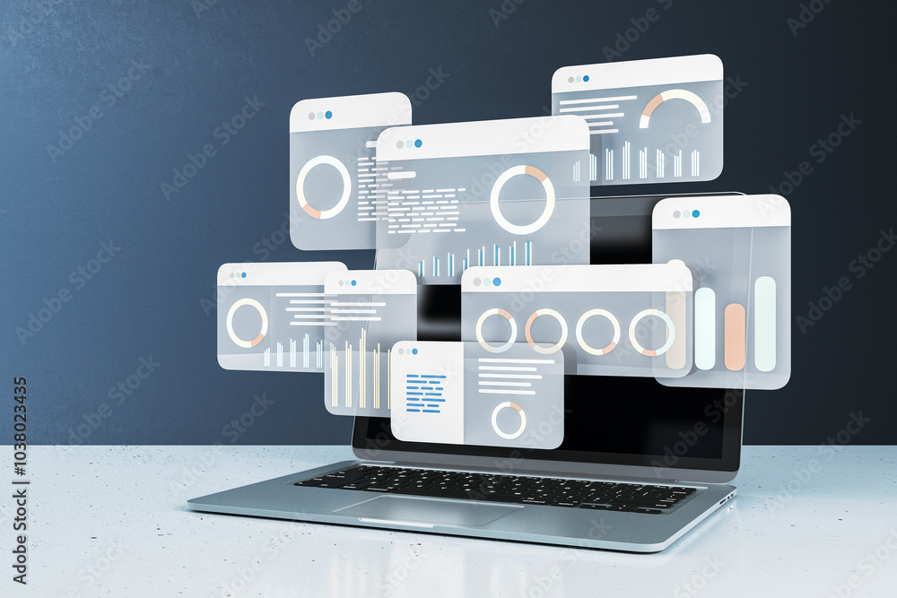 Data analytics interface on laptop screen with graphical elements. 3D Rendering Stock ...