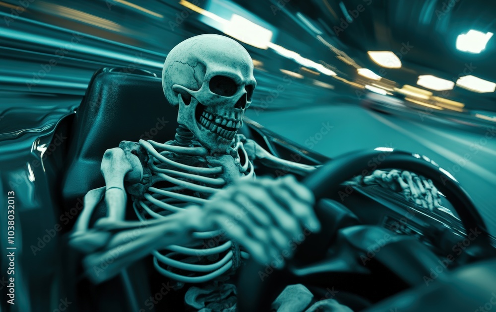 A skeleton in a racing suit, sitting in a high-performance racecar ...