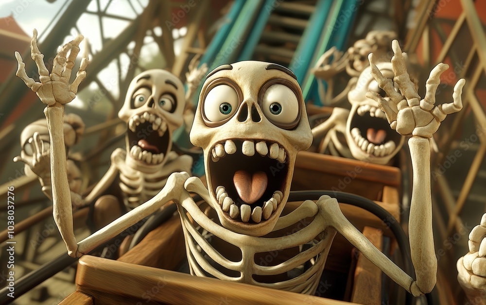 Skeleton Riding a Rollercoaster. A skeleton with wide, excited eyes ...