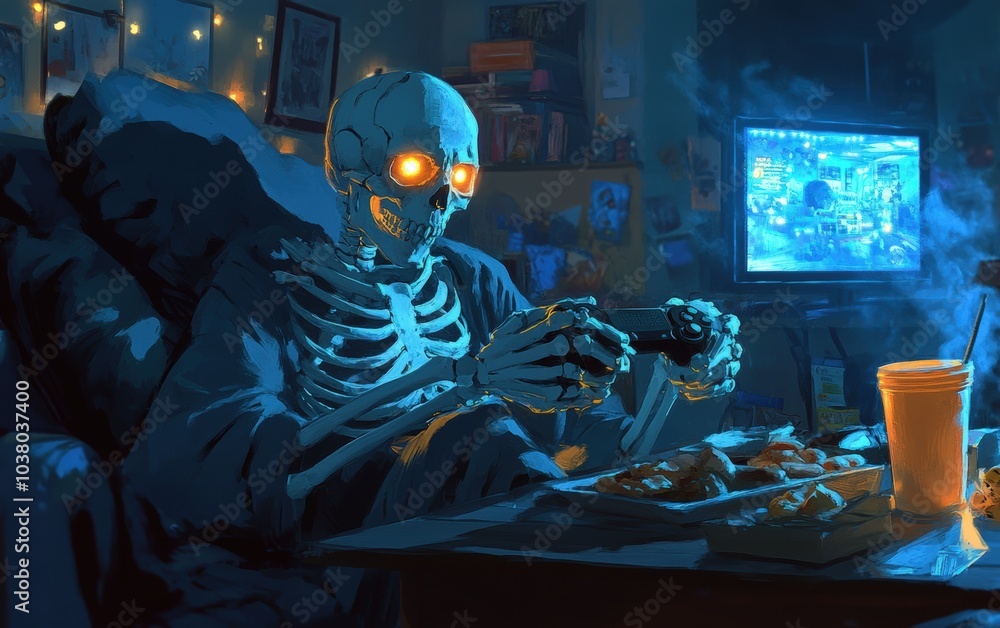 Skeleton Playing Video Games. A skeleton intensely focused on a video ...