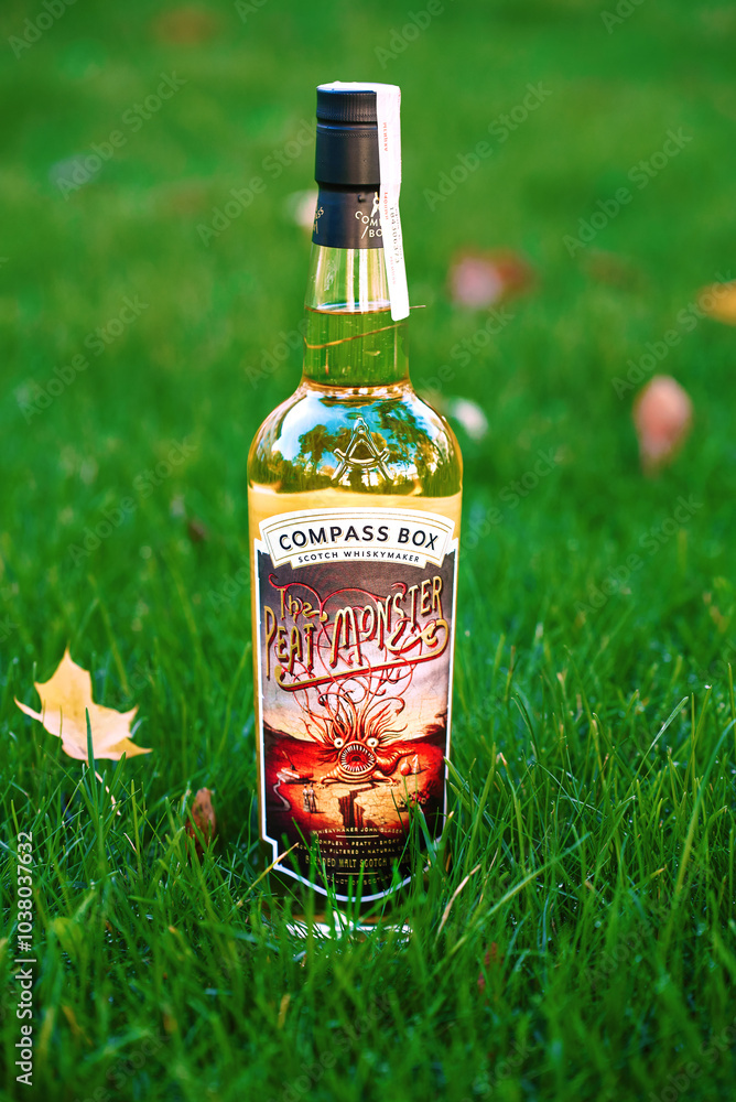 Minsk, Belarus. Oct 19, 2024. Bottle of The Peat Monster blended malt ...