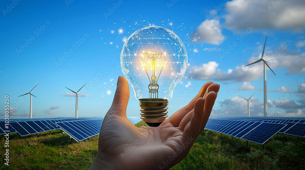 Hand holding a light bulb in a landscape with windmills and solar ...