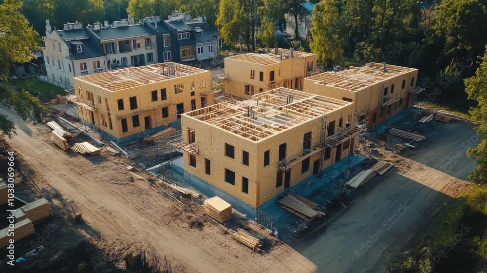 Modern Timber Frame Homes Under Construction: Aerial view of a cluster ...