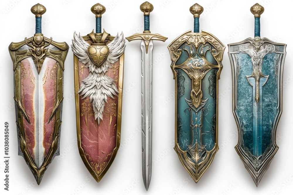 A collection of ornate swords and shields, each with intricate designs ...
