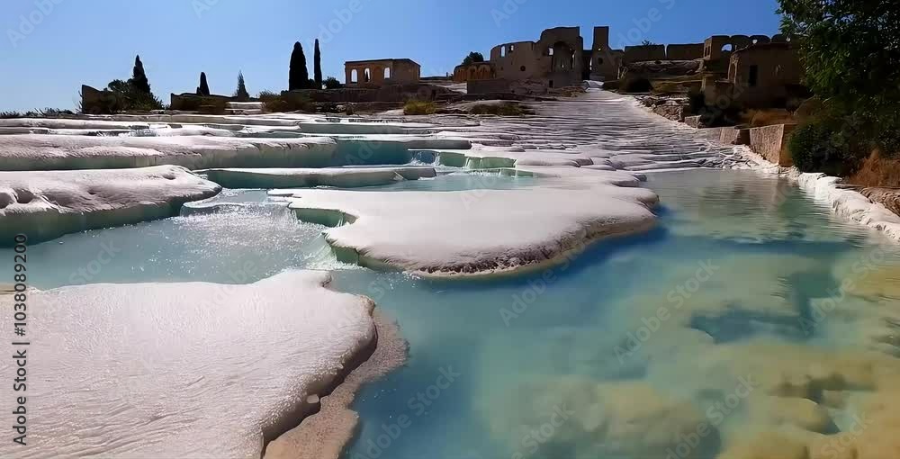 Pamukkale's travertine terraces, created by thermal waters rich in ...