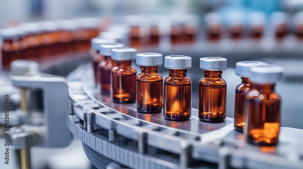 Vials on production line, amber glass, pharmaceutical manufacturing ...