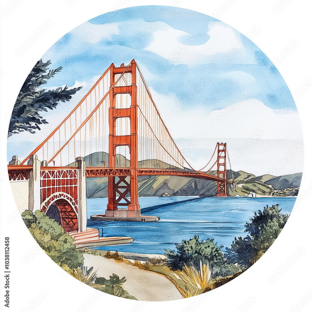 Golden Gate Bridge. Golden Gate Bridge hand-drawn comic illustration ...