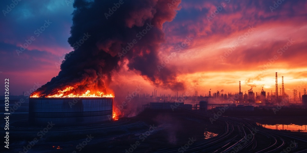 A dramatic industrial fire scene unfolds at sunset. Thick black smoke ...