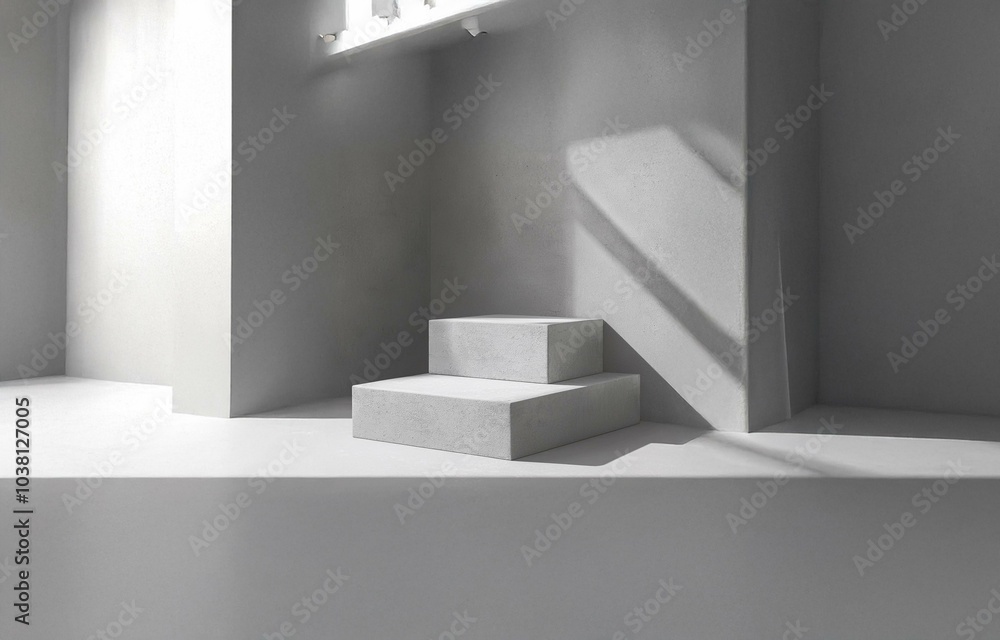 Two white rectangular platforms sit in a corner of a room with light ...
