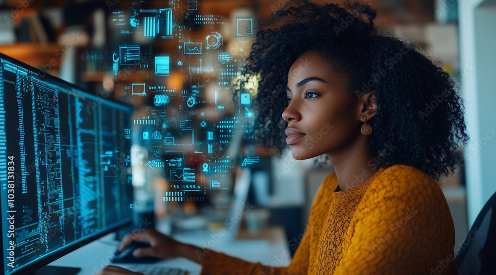 Black woman business professional working on a computer with digital ...