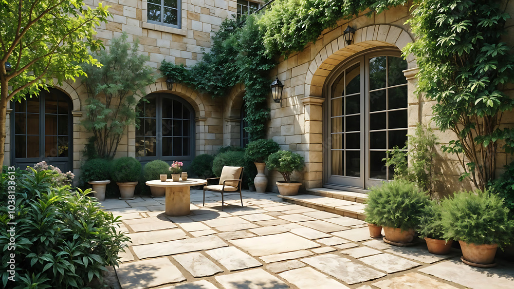 Patio, entrée de la maison en pierre avec un sol en dallage de pierre ...