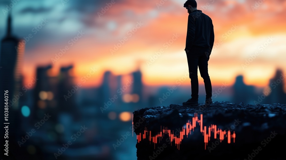 Person Standing on the Edge of a Crumbling Financial District, Watching ...