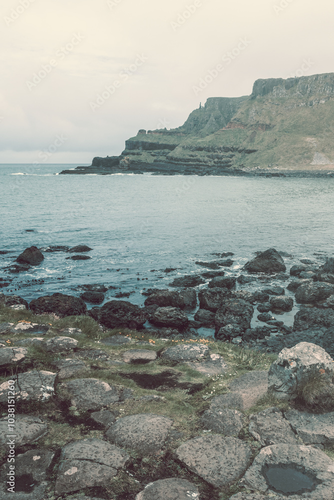 Vintage film effect vertical shot of Giant Causeway, Northern Ireland ...