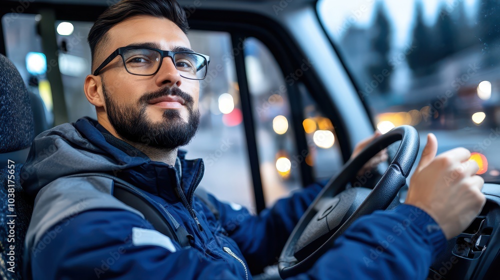 Male Bus Driver Engaging Passengers While Maneuvering Through a Vibrant ...