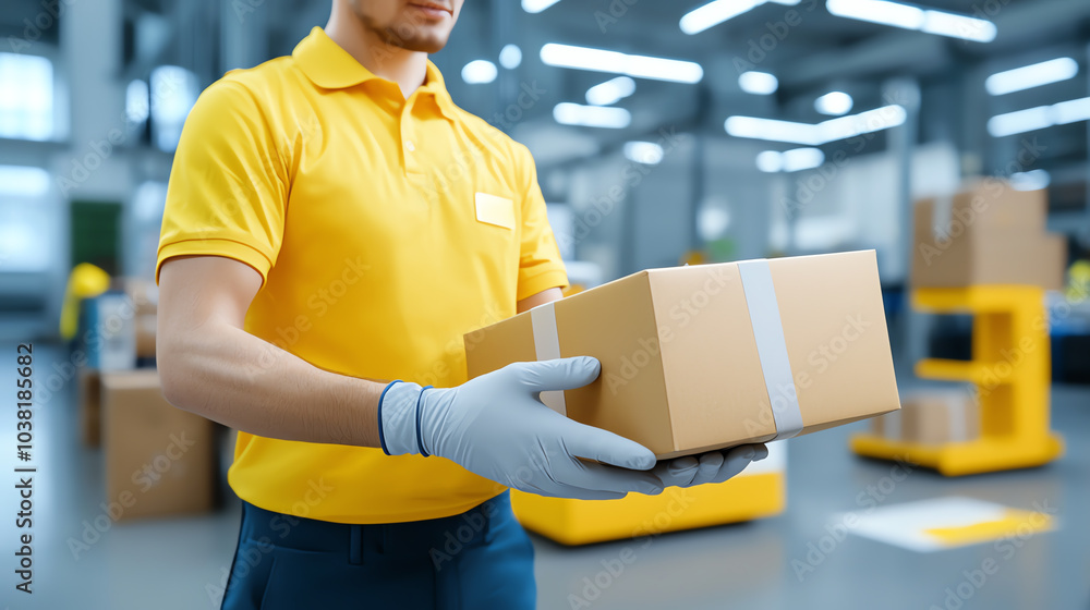 Close-up shot of an employee in gloves handling a package in the ...