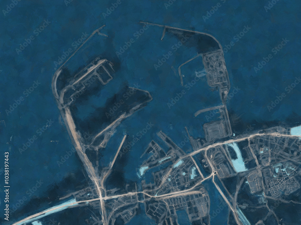 Painterly Style City Map of Zeebrugge, Belgium in a Blue Color Scheme ...