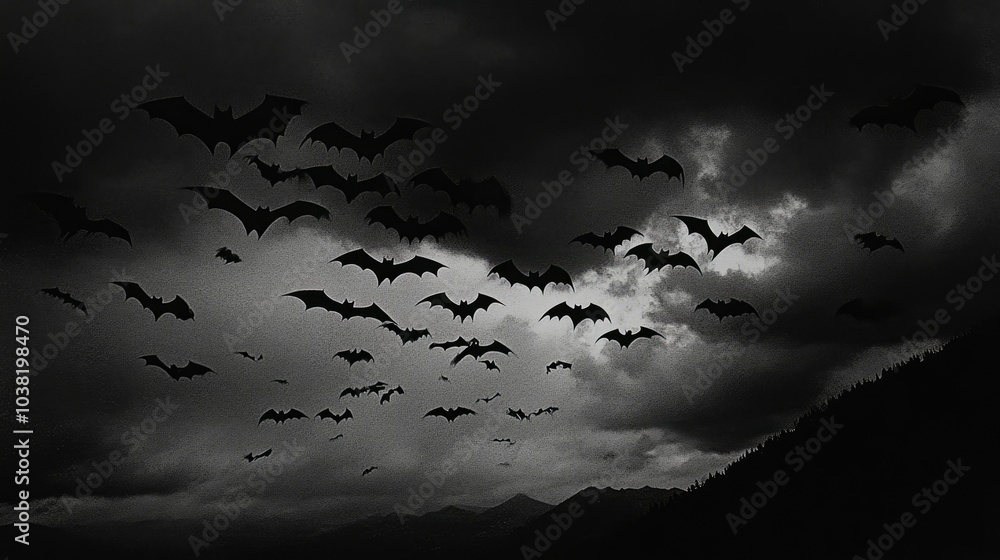 Bats flying in formation under a cloudy night sky, with the outlines of ...