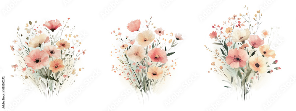 Wildflowers floral watercolor collection set - bouquet, border, frame ...