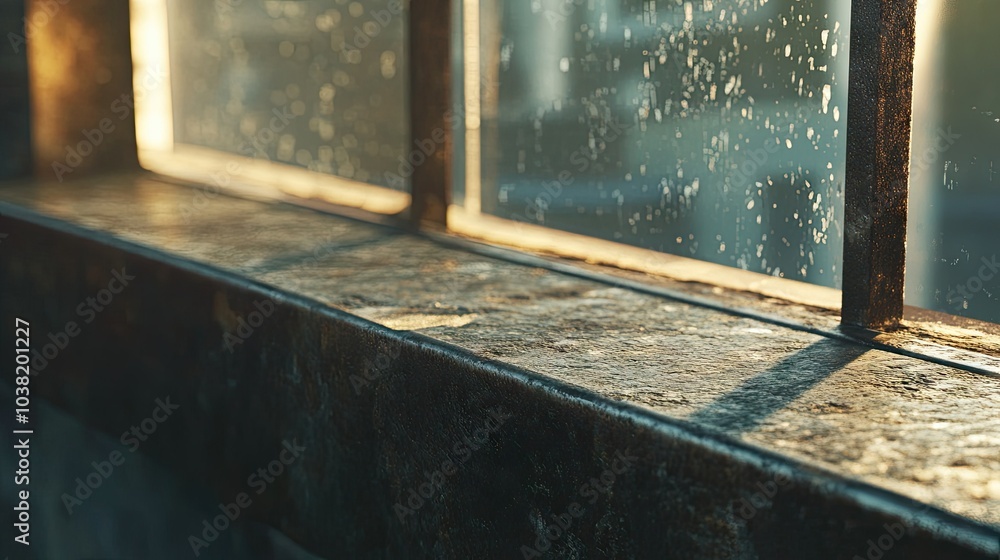 Close-up of an aluminum window sill and frame, with light reflections ...