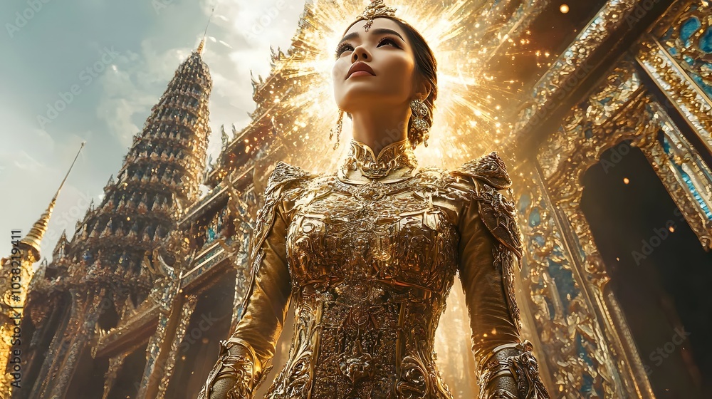 Asian female gods or Thai female gods dressed in gold with an ancient ...