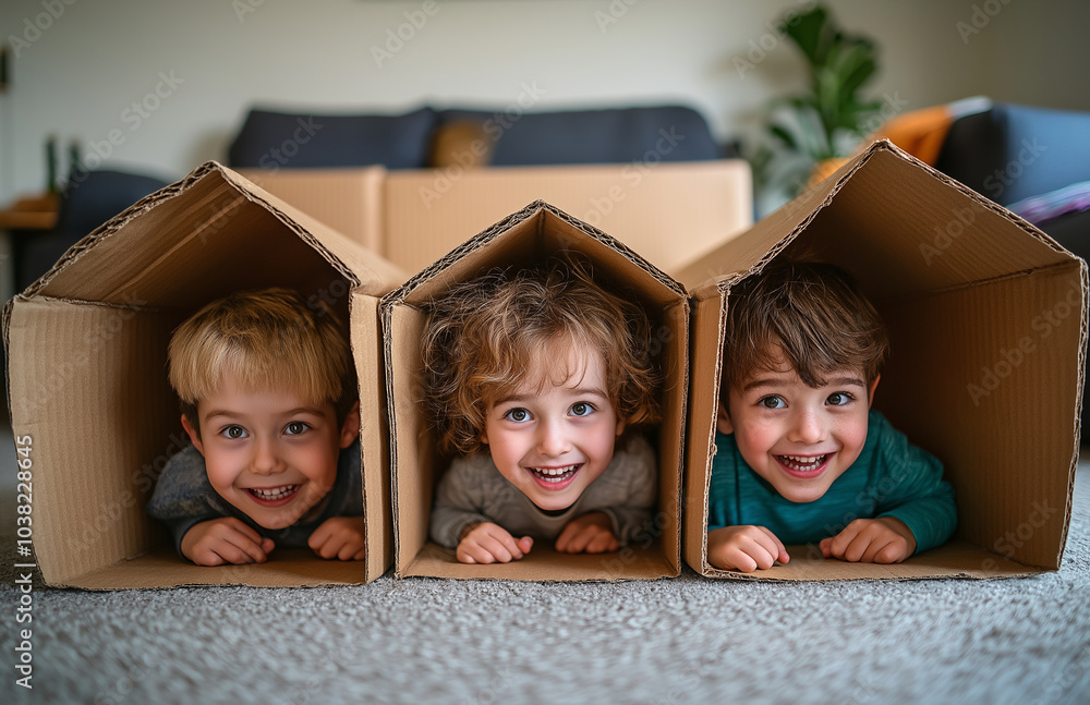 3 kids playing hide and seek hiding under a cardboard roof house Stock ...