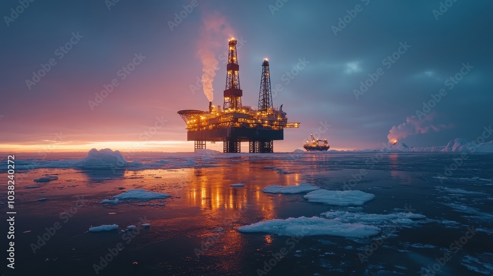 Oil rig stands tall over frozen waters during twilight, capturing the ...