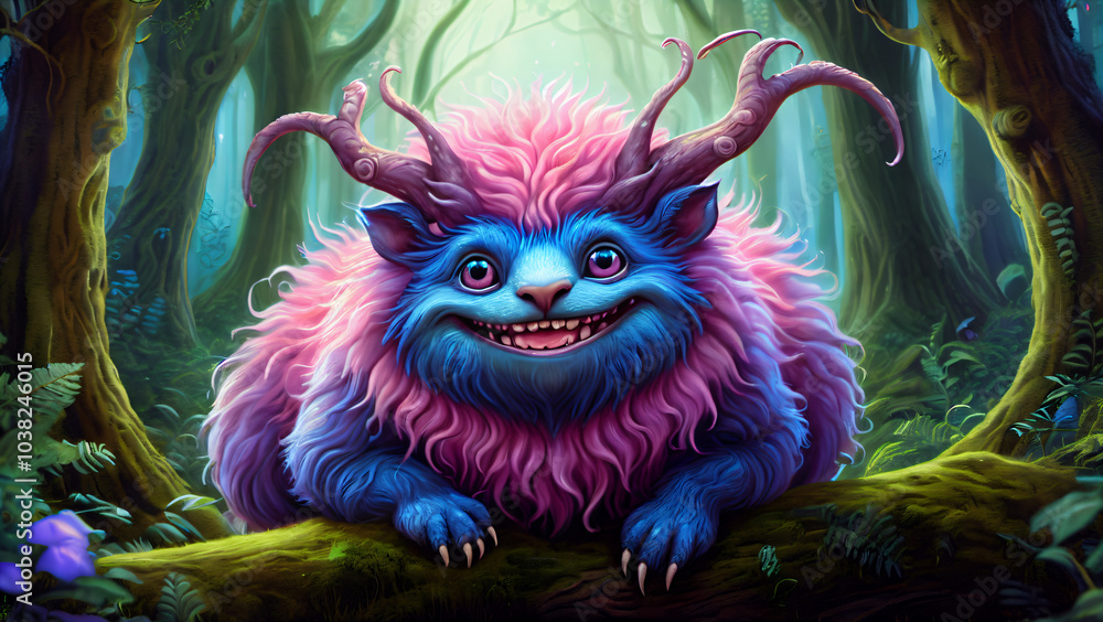 The Enchanted Blue-Furred Creature with Spiraled Horns and a Gemstone ...