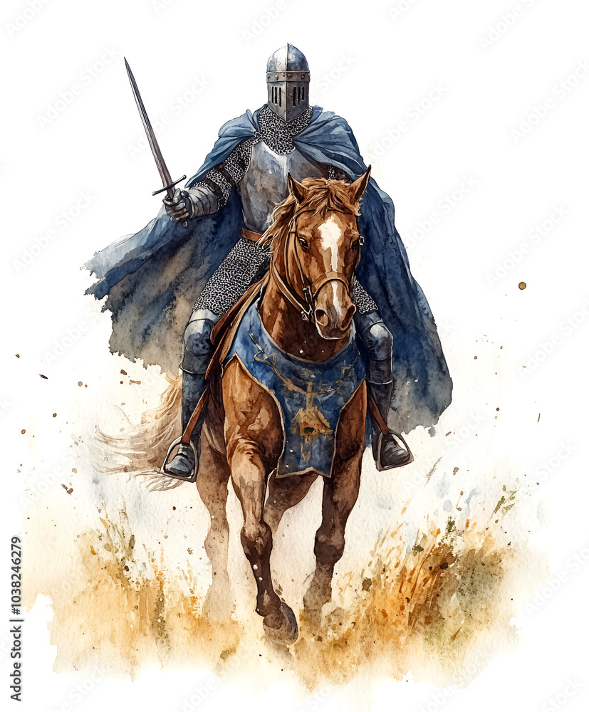 Aquarelle Illustration of a Knight Riding a Horse, Whimsical Medieval ...