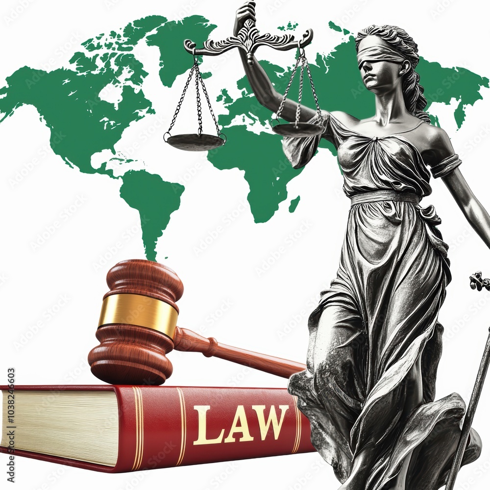 Blind justice statue holding scales with gavel and law book over world ...