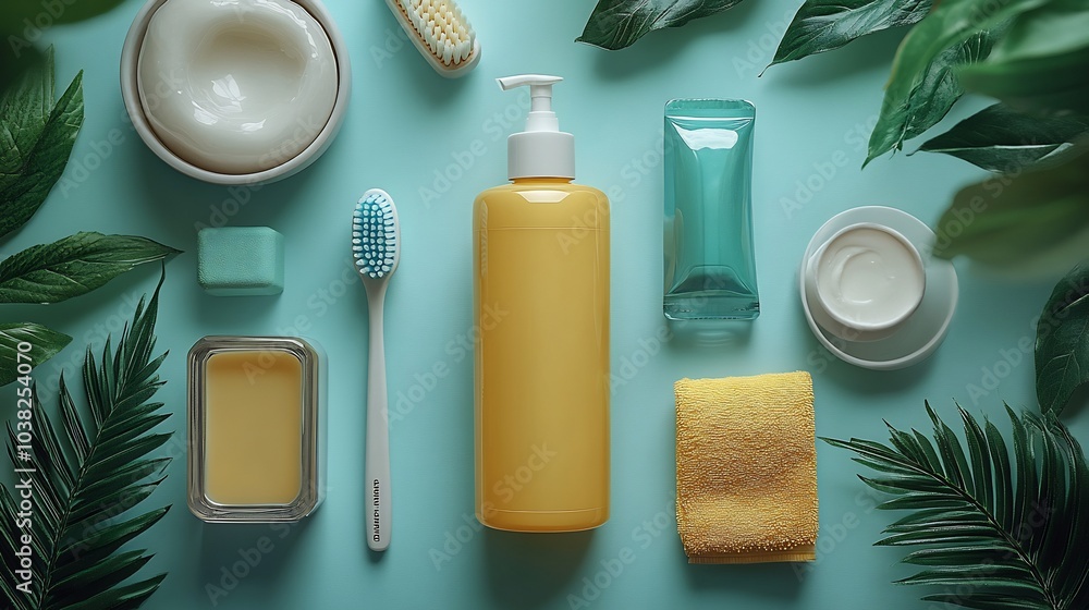 Dental hygiene display with essential tools like a toothbrush floss and ...