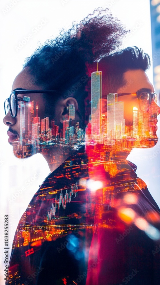 Double exposure portrait blending urban skyline with silhouettes ...