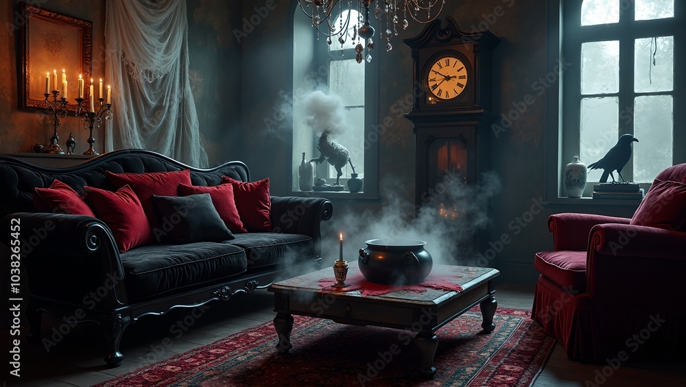 Spooky Halloween living room with Victorian sofa bubbling cauldron ...