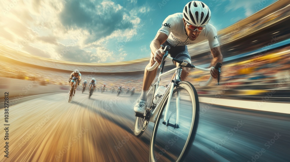 A man riding a white racing bike mid-race on a stadium track, the bikes ...