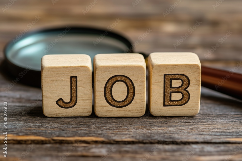 Wood block word JOB and magnifying glass with copy space using as ...