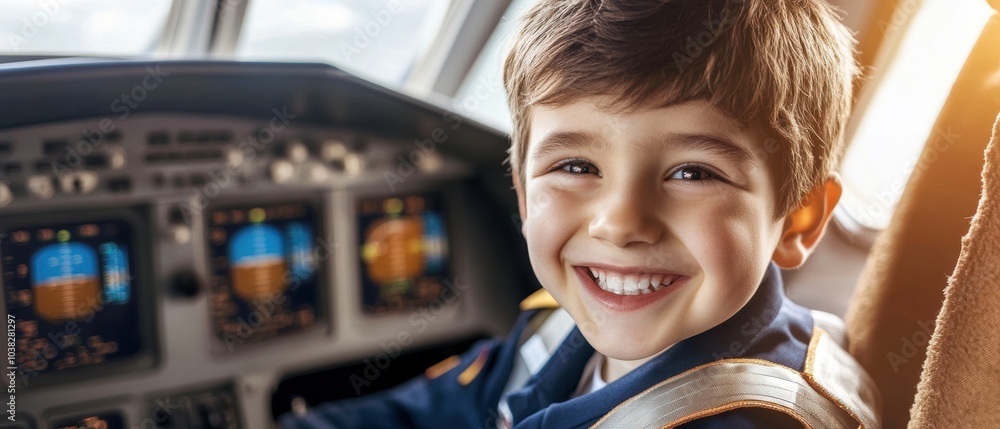 Happy kid dream job airplane captain in a pilot suit posing inside the ...