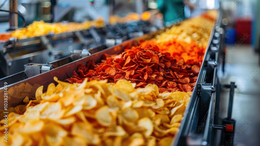 A modern snack food processing plant, with colorful chips being fried ...
