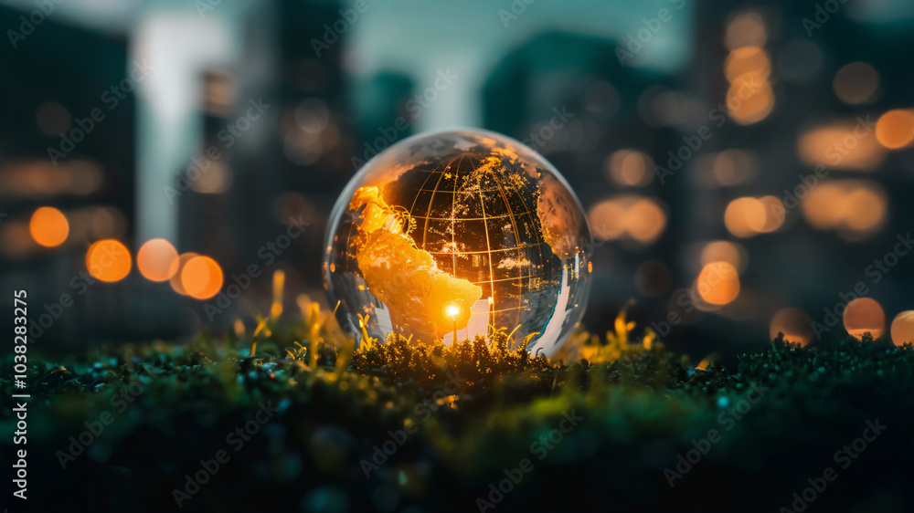 Crystal Earth globe with illuminated city backdrop. Concept of global ...