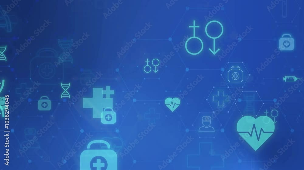 A digital animation featuring interconnected medical symbols, including ...