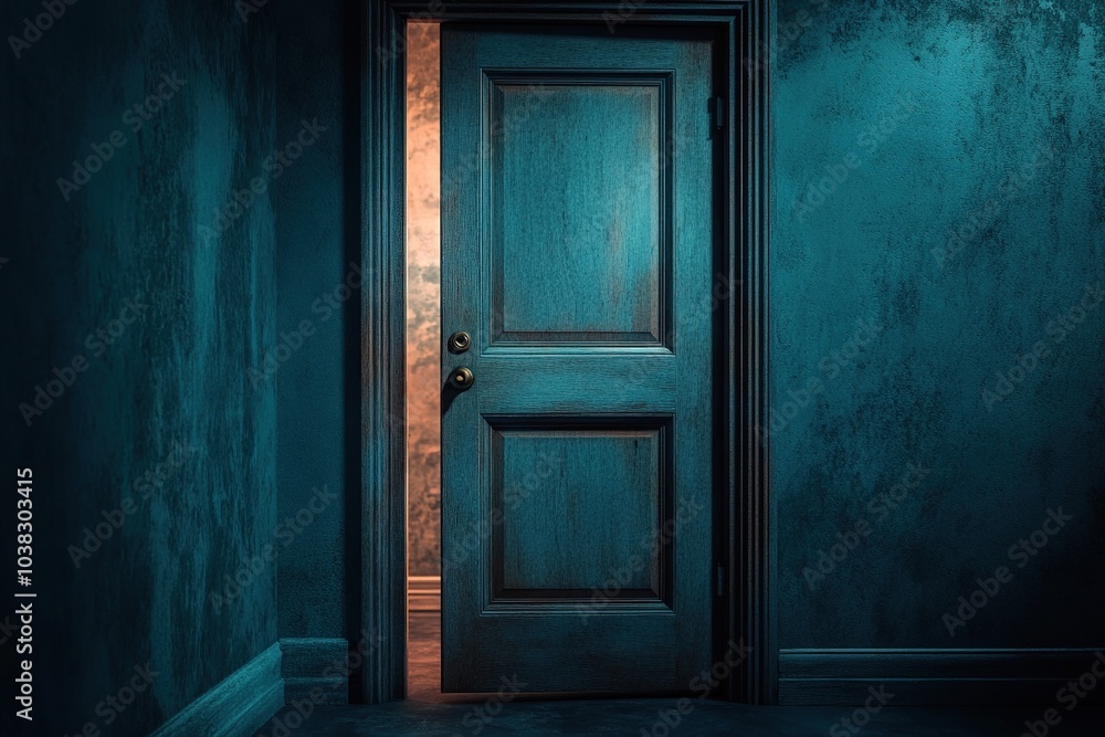 Mysterious door ajar in dark room with eerie glow Stock Photo | Adobe Stock