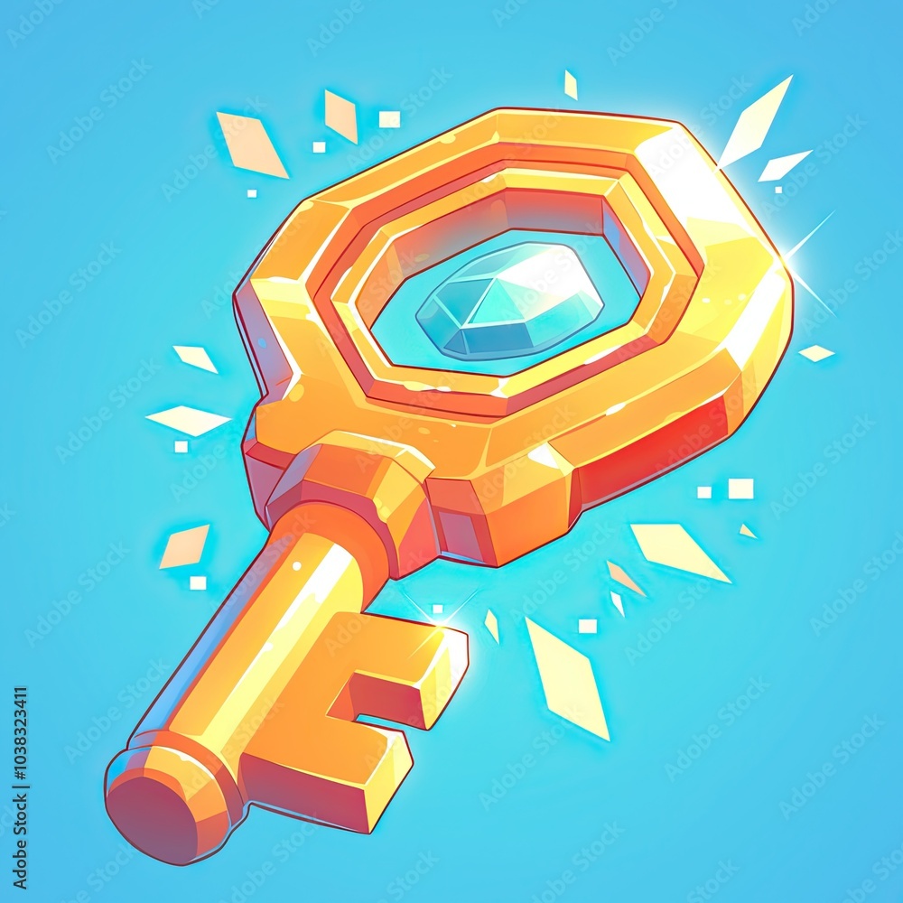 Golden key with a blue gem in the center. A stylized, ornate golden key ...