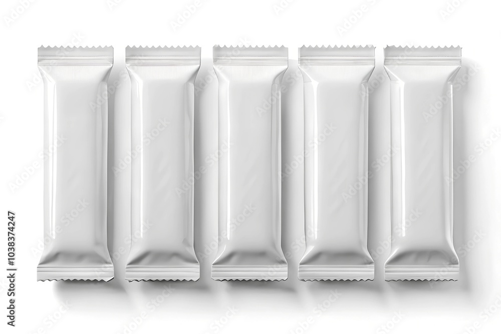 Five blank white snack bar packaging mockups arranged on a white ...