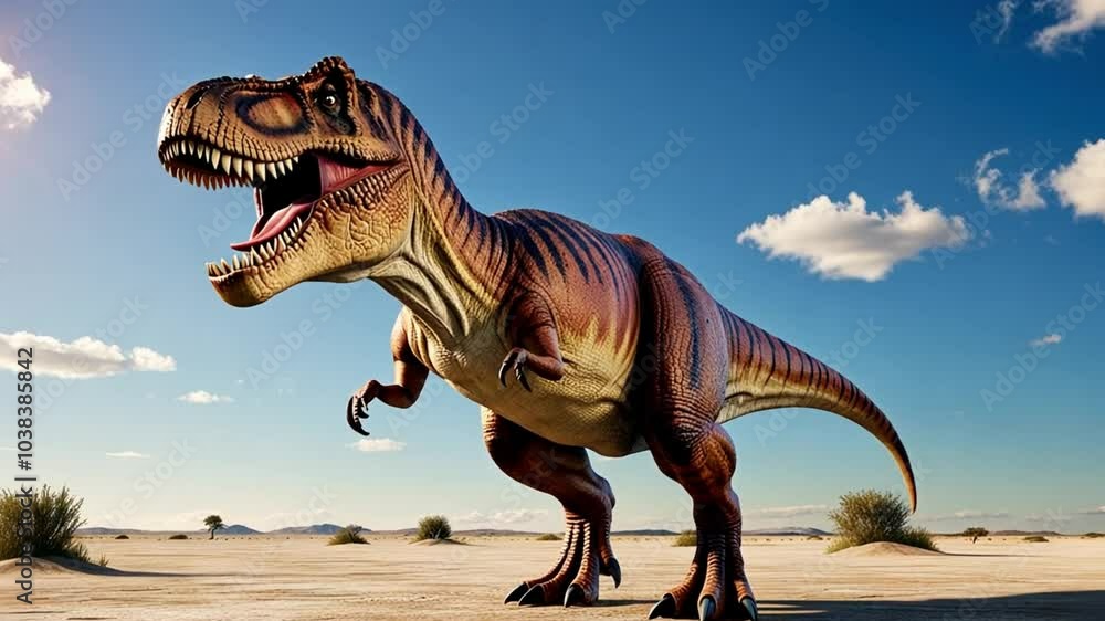Digital illustration of a T-Rex in a prehistoric landscape. The ...
